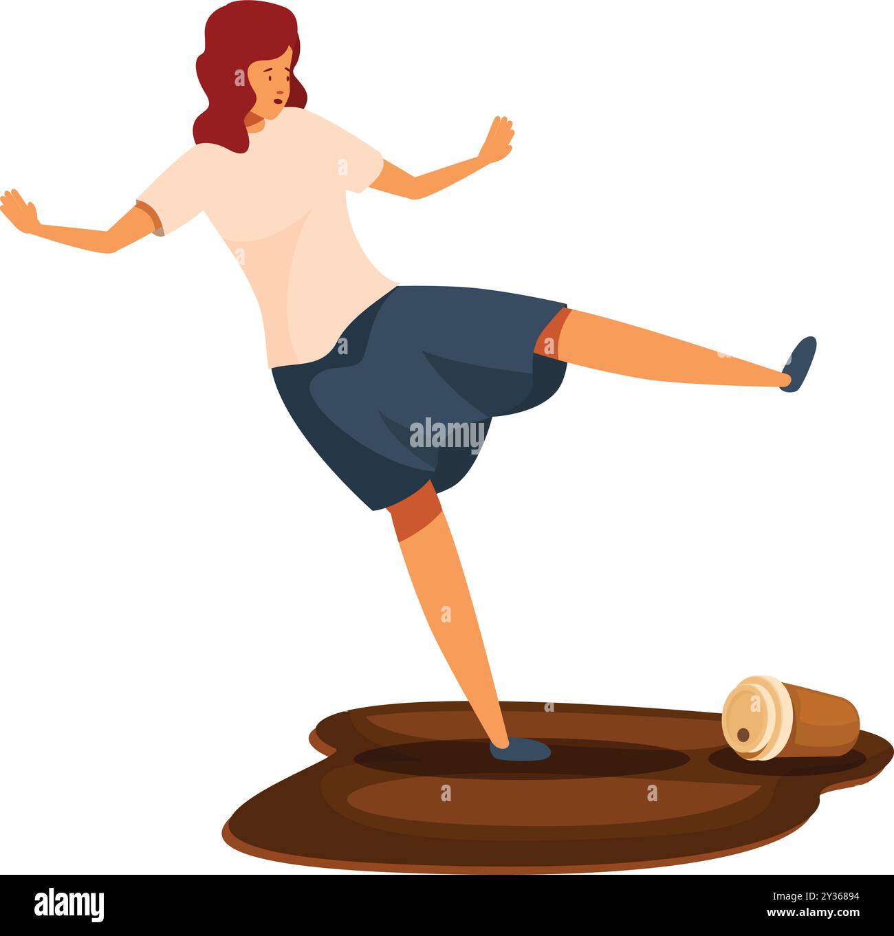 Young woman is losing her balance and falling down after stepping on a ...