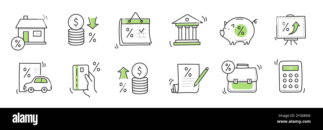 Loan interest rate doodle icon set. Hand drawn sketch doodle line style ...