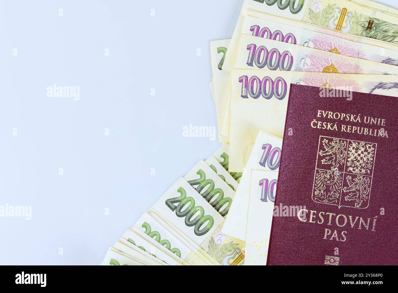 Czech Republic passports with is Czech koruna banknotes cash of various ...