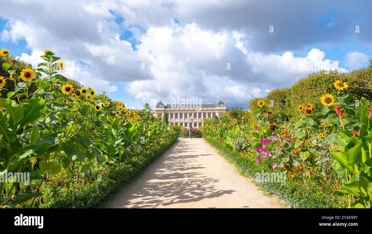 Paris, France, Landscape with flowers and Grande galerie de l'Evolution ...