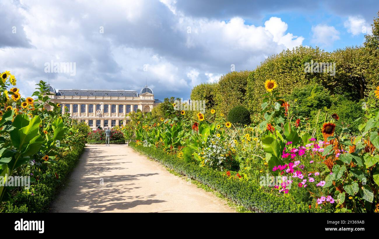 Paris, France, Landscape with flowers and Grande galerie de l'Evolution ...