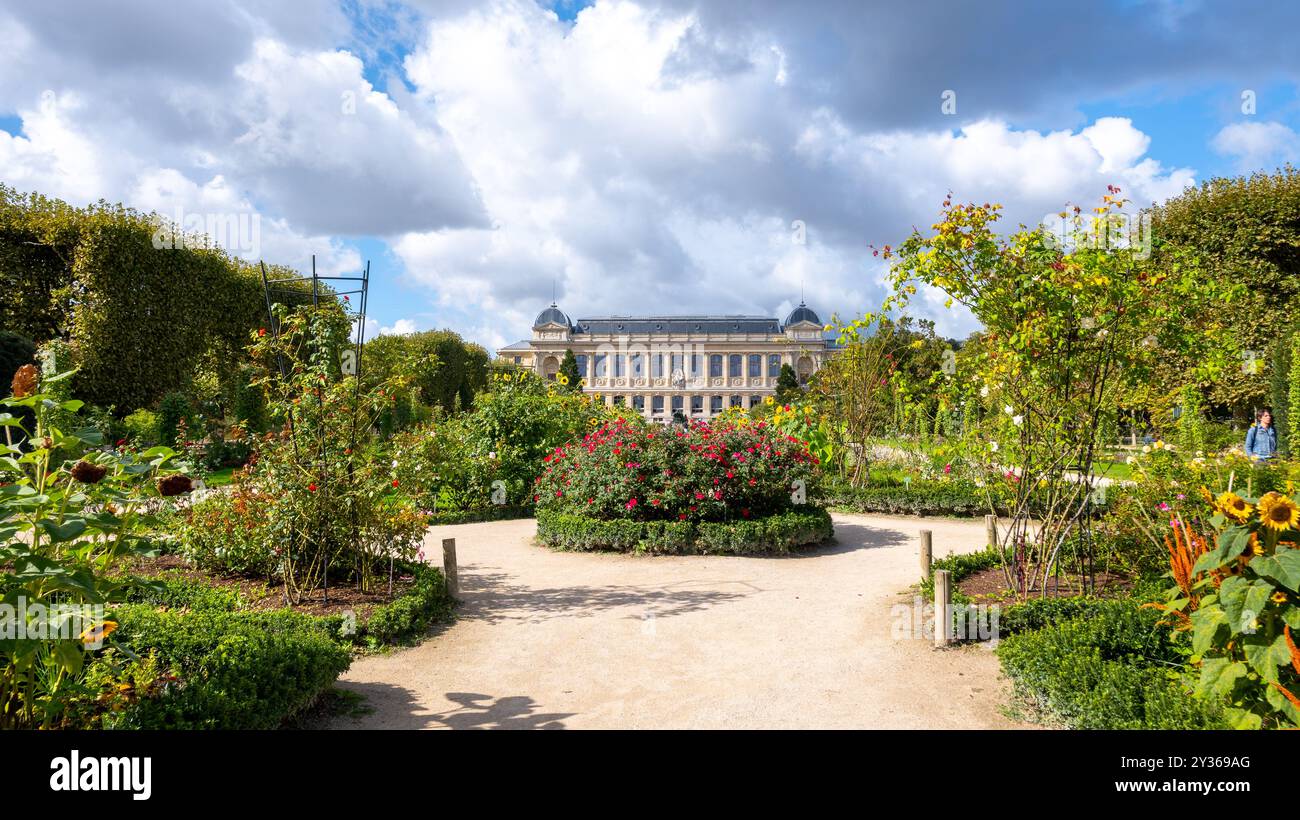Paris, France, Landscape with flowers and Grande galerie de l'Evolution ...