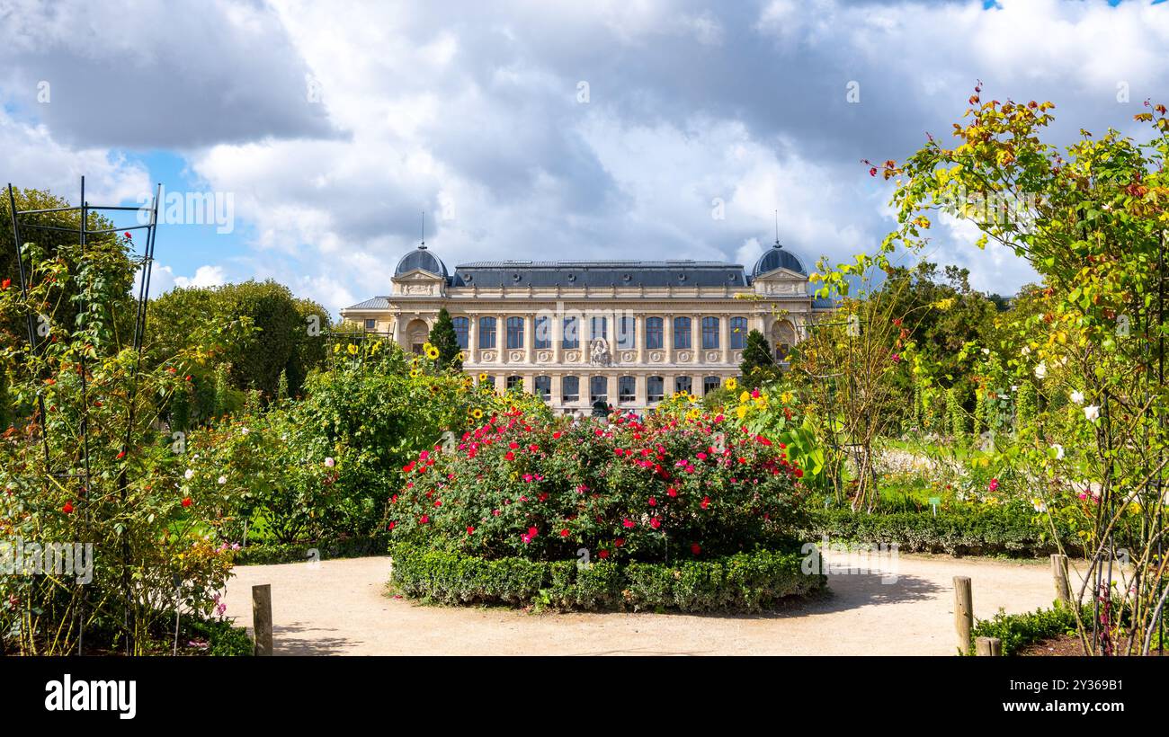 Paris, France, Landscape with flowers and Grande galerie de l'Evolution ...