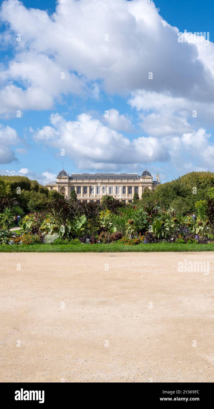 Paris, France, Landscape with flowers and Grande galerie de l'Evolution ...