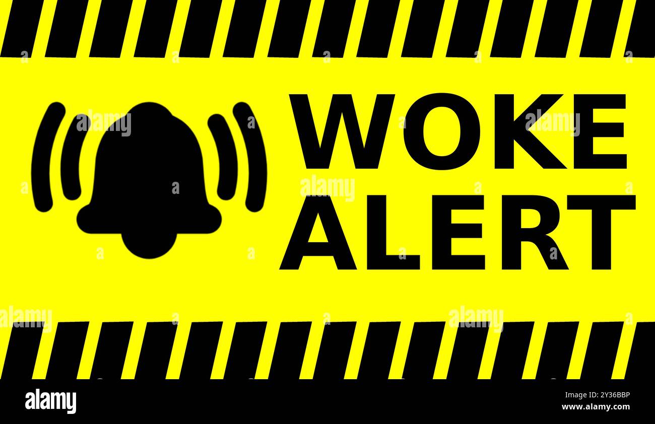 Web banner danger bell Woke Alert black and yellow. Signal beware of ...