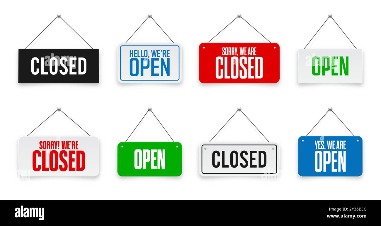 Realistic open or closed hanging signboards. Vintage door sign for cafe ...