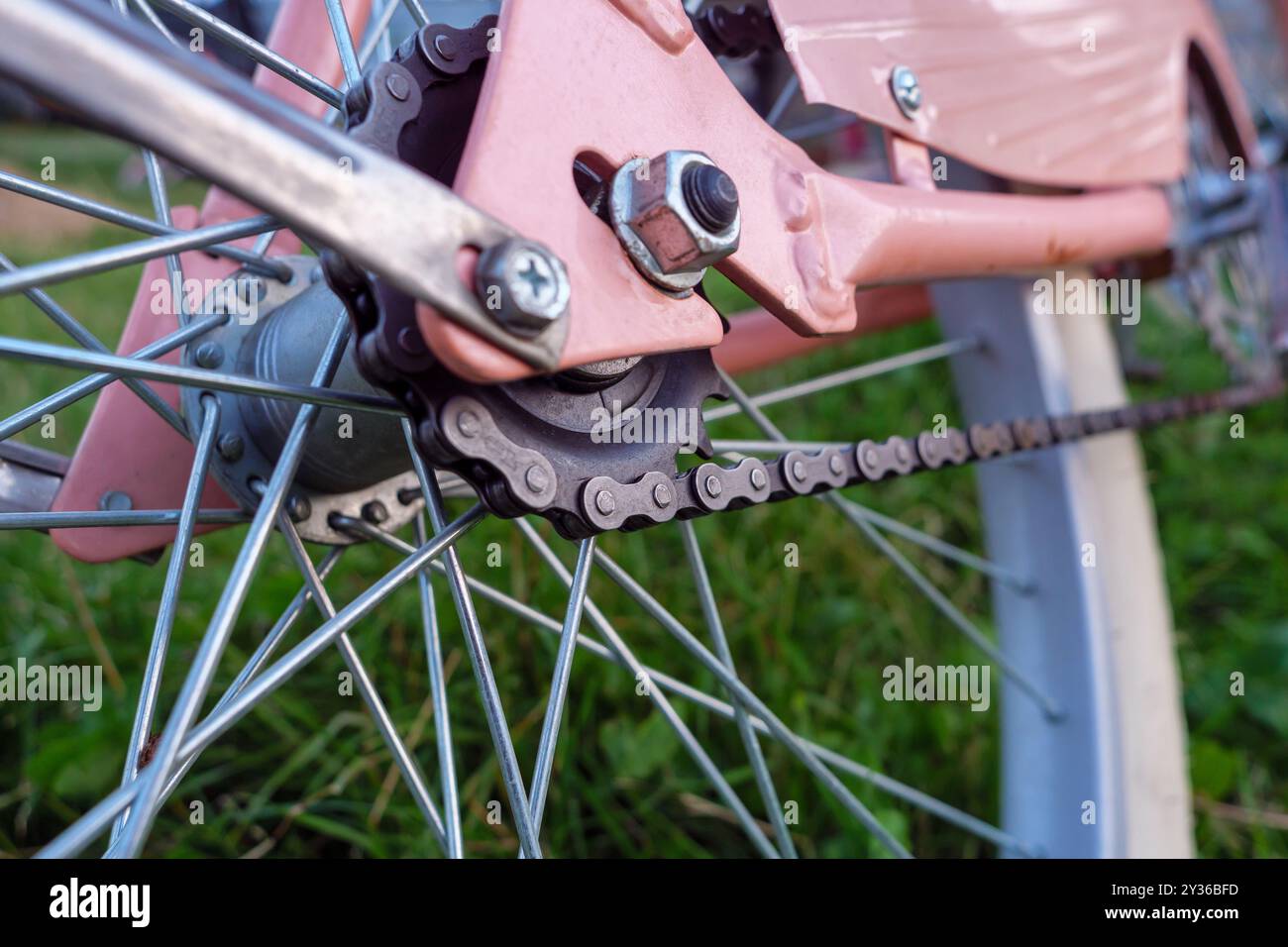 Detailed view of a classic bike rear wheel and chain system Stock Photo ...
