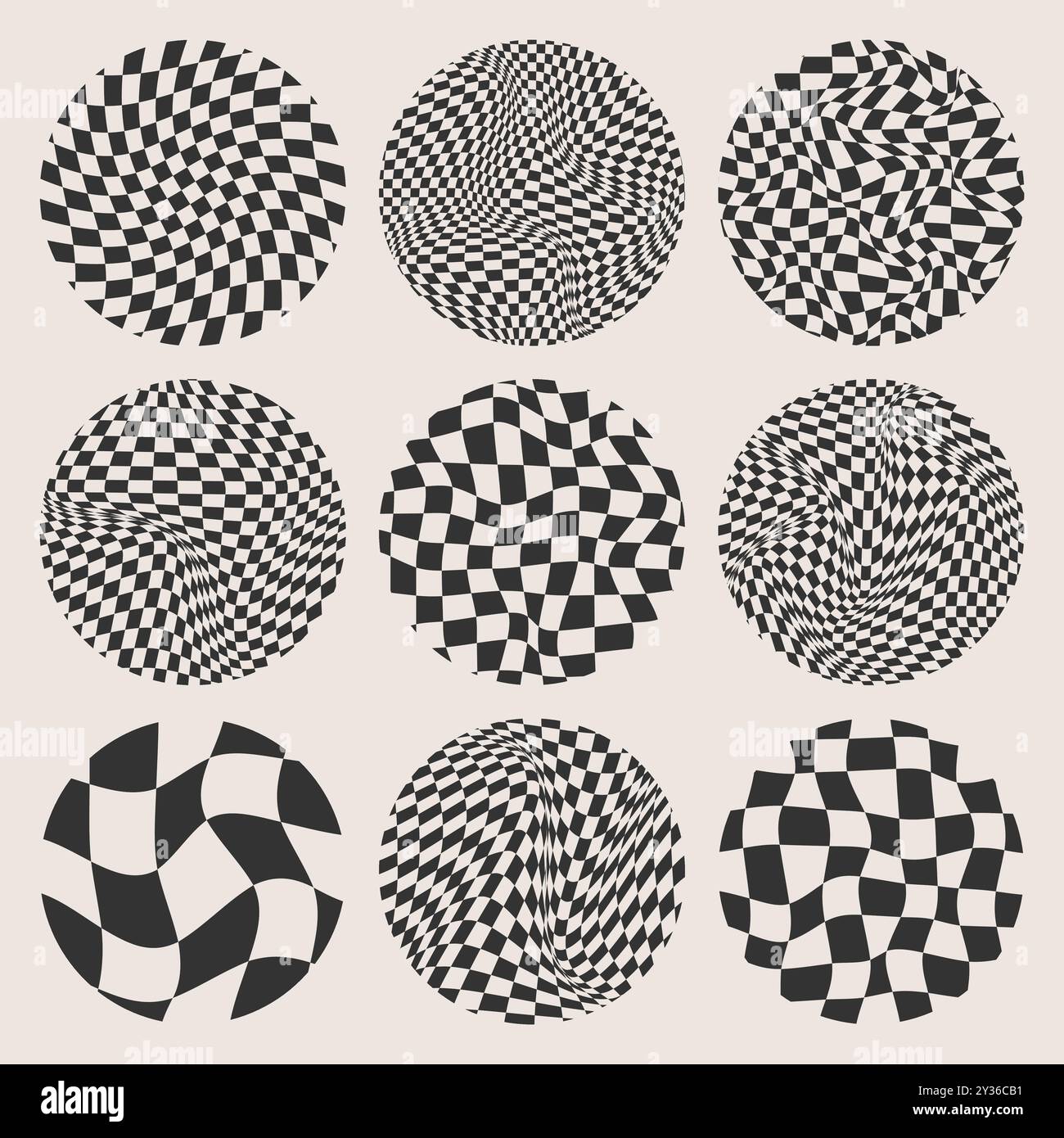 Trendy round checkered pattern, distorted tiled grid. Wavy curved ...