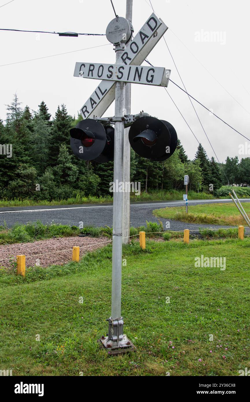 Rail road crossing sign at the railway museum in Avondale, Newfoundland & Labrador, Canada Stock ...