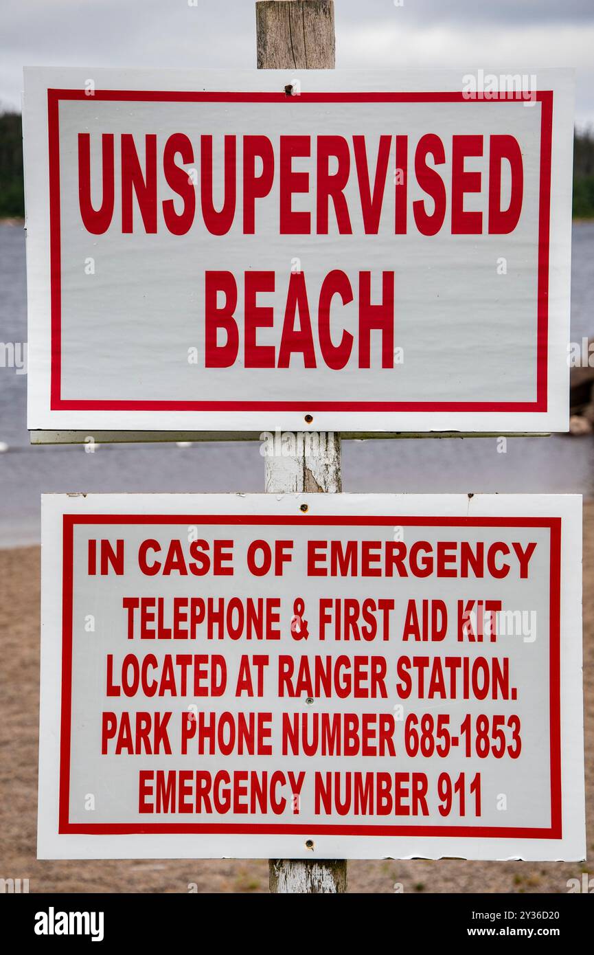 Unsupervised beach sign at Big Otter Pond at Butterpot Provincial Park ...