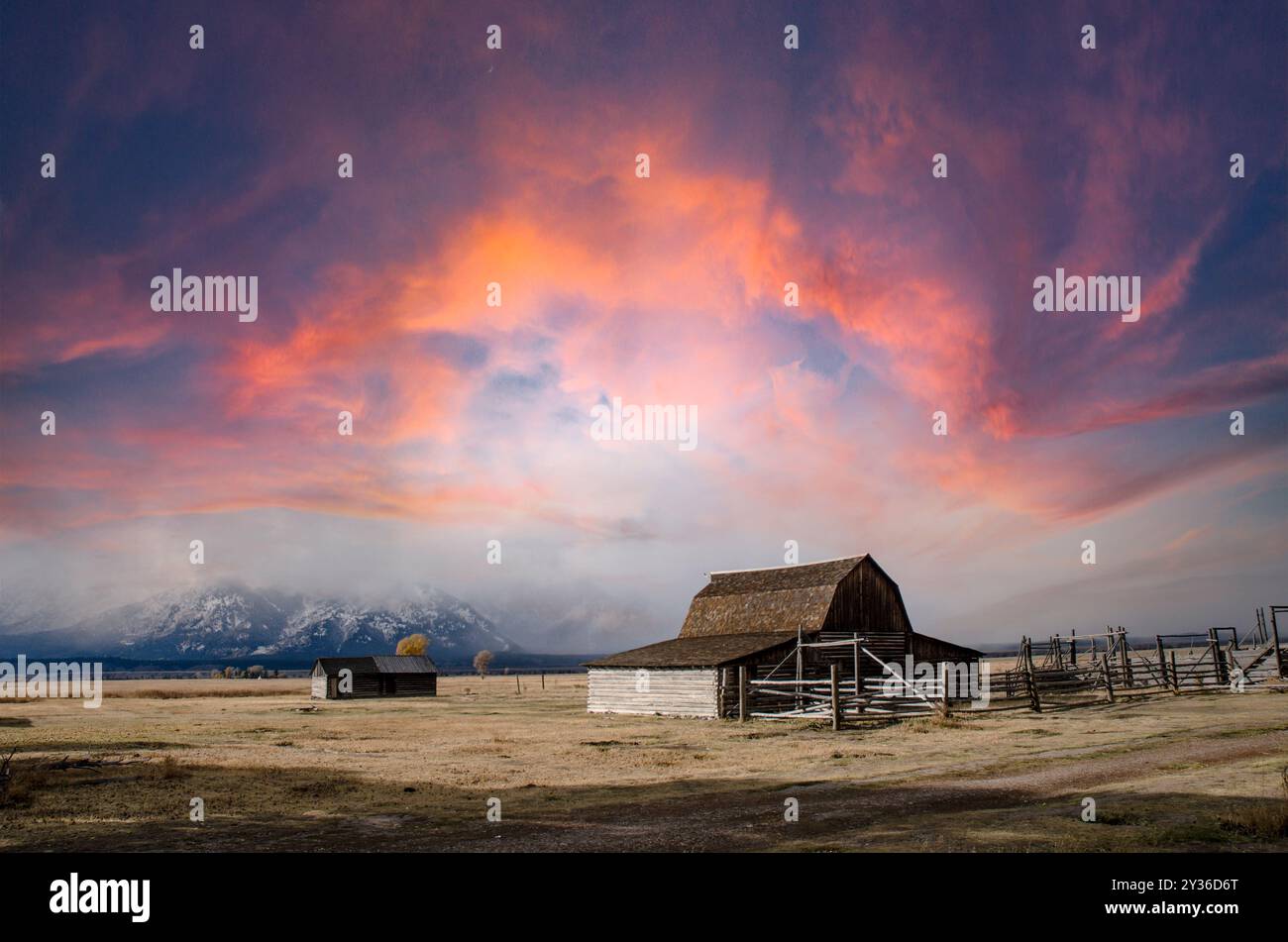 Sunset Over Mormon Row Historic District at the Teton Range of Grand ...