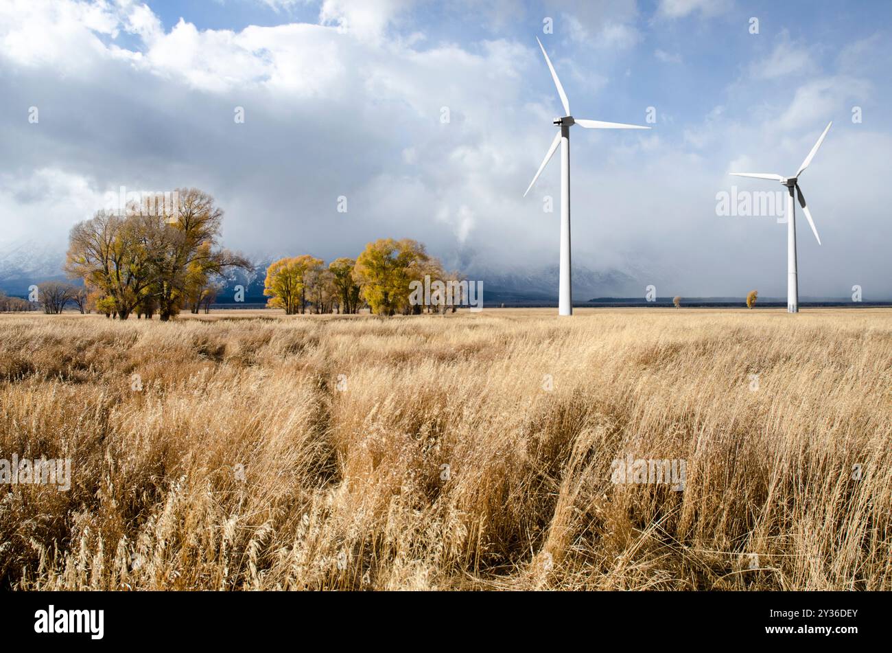 Wind Turbines over the plains of the Grand Teton National Park in the U ...
