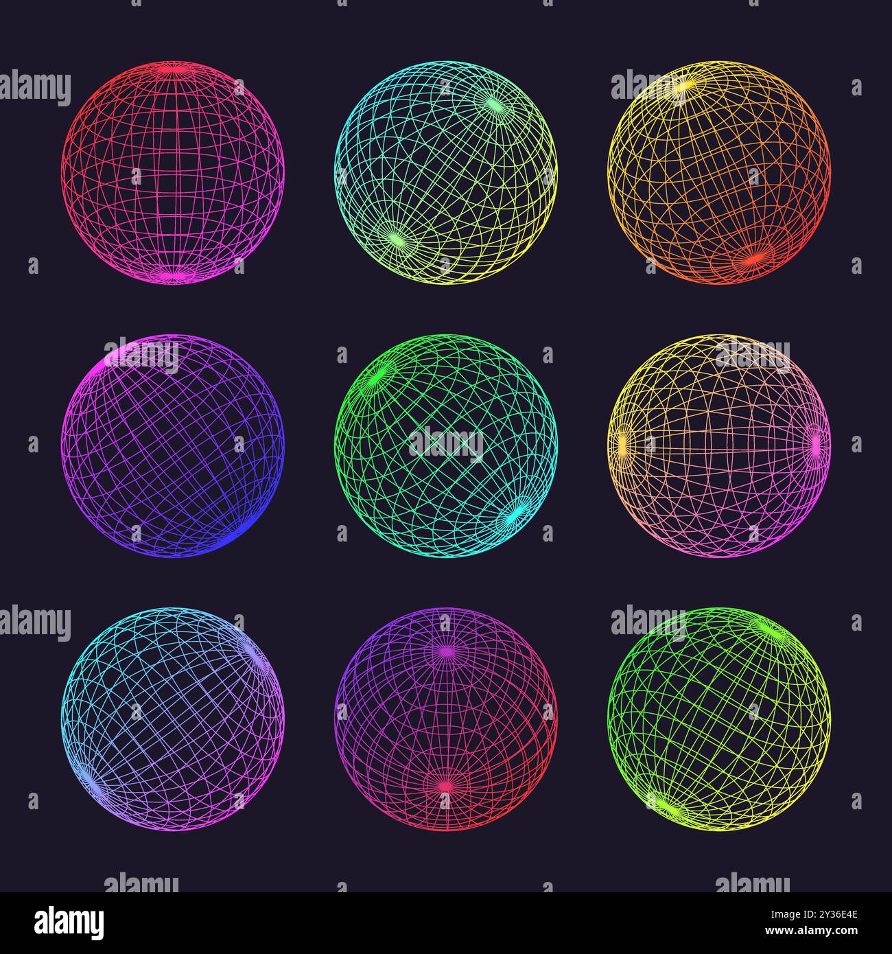 Neon wireframe shapes, lined sphere. Perspective mesh, 3d grid. Low ...