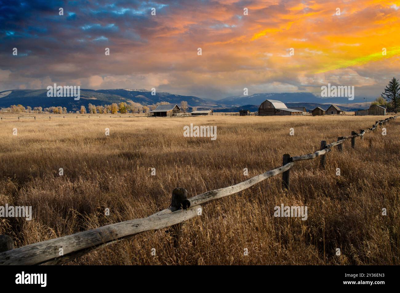 Sunset Over Mormon Row Historic District at the Teton Range of Grand ...