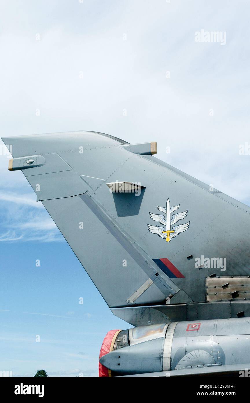 Tail fin of a Panavia Tornado jet fighter stands in the display area of ...