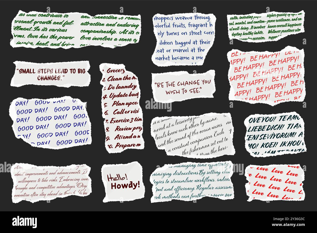 Ripped paper strips with handwritten text. Realistic crumpled paper ...