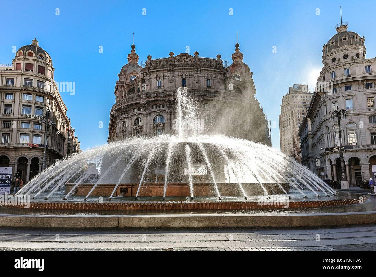 Genoa, Italy - December 3, 2023: Main fountain with splashes of water ...