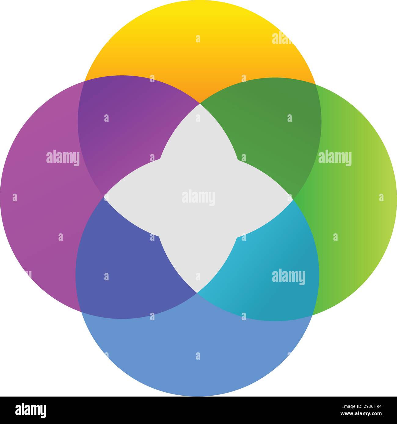 Colorful circles are overlapping creating a gradient star shape in the center on a white ...