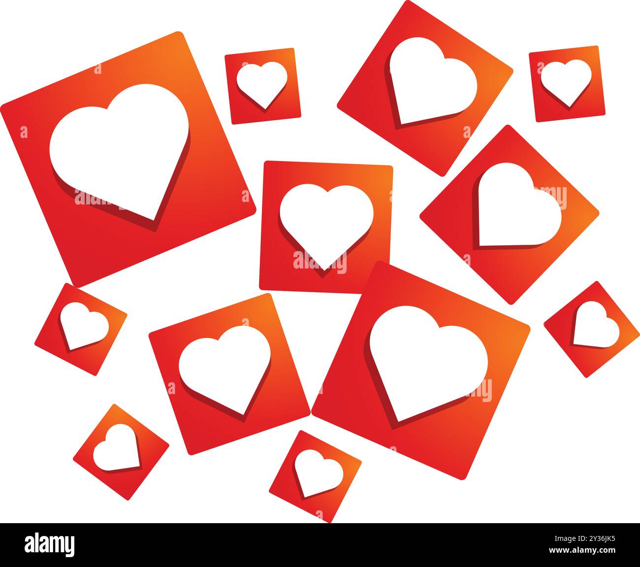 Many red squares with white hearts are flying and forming a big heart ...