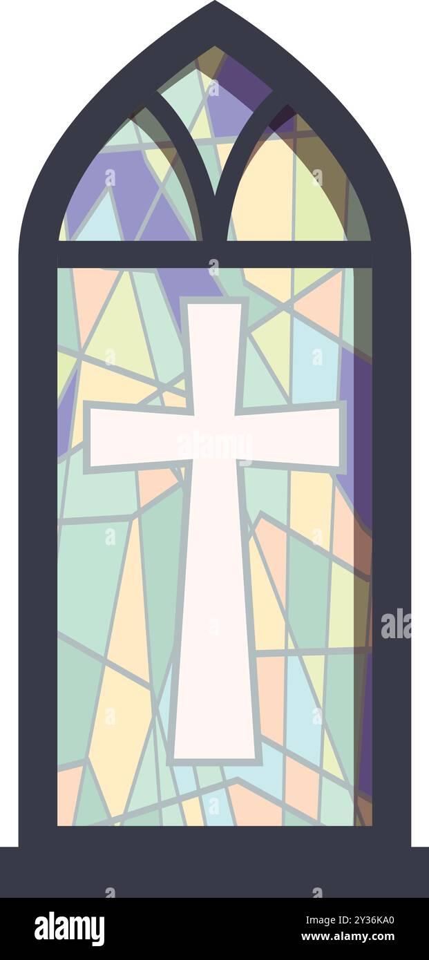 Colorful gothic arch stained glass window is showing a white christian ...