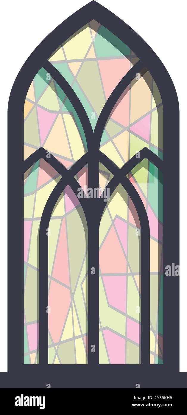 Tall gothic stained glass window is showing a pattern of pastel colored ...