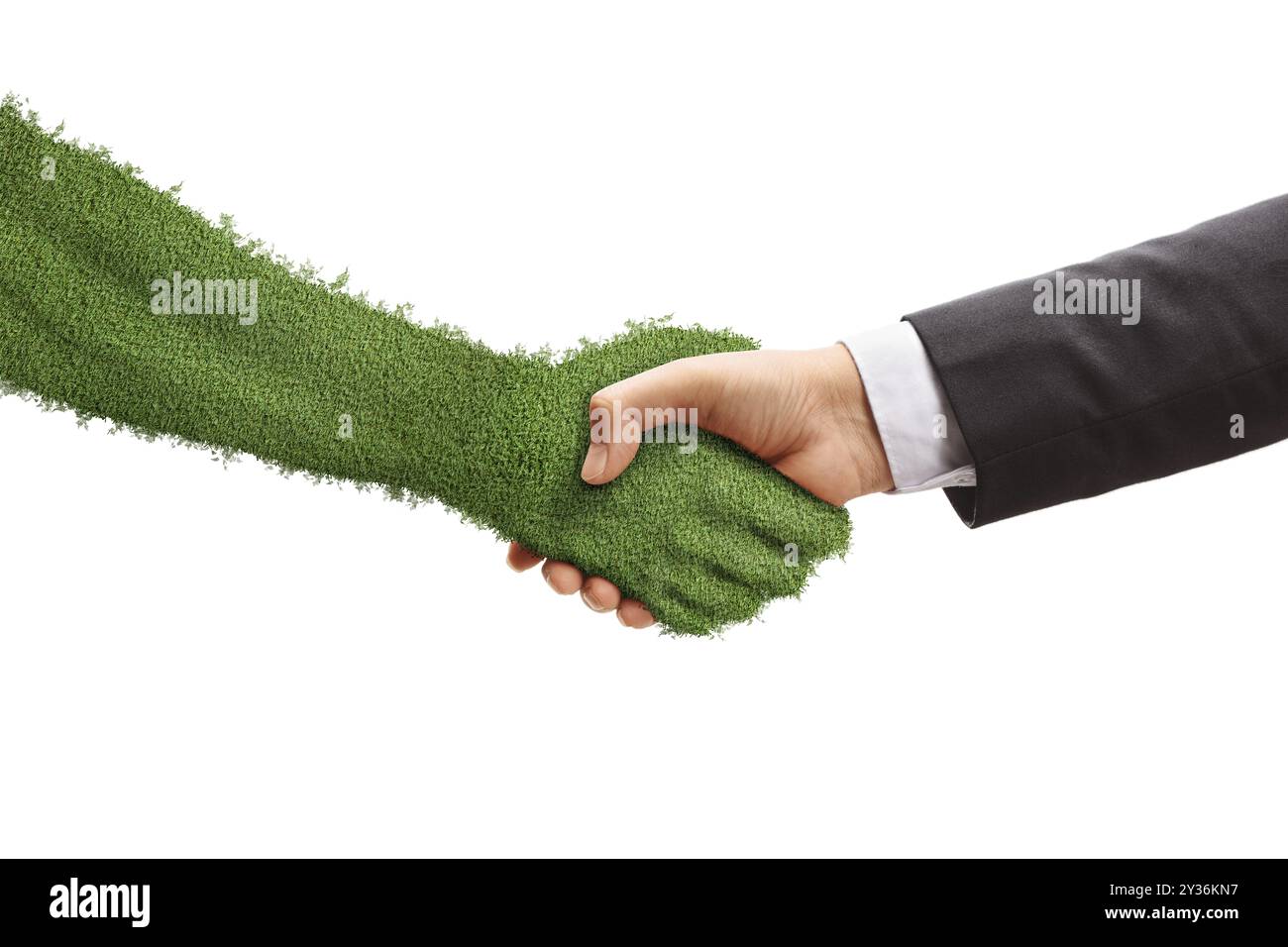 Businessman shaking hand with a green hand covered with grass ...