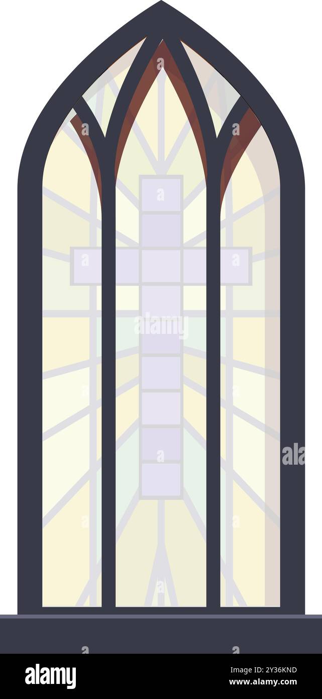 Tall arched church stained glass window with a cross design in the ...