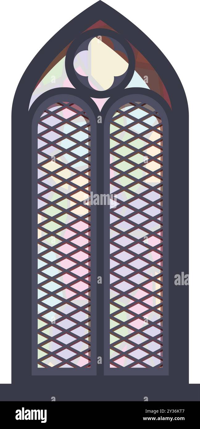 Gothic stained glass window with leadlight design illuminating the interior of a church with ...