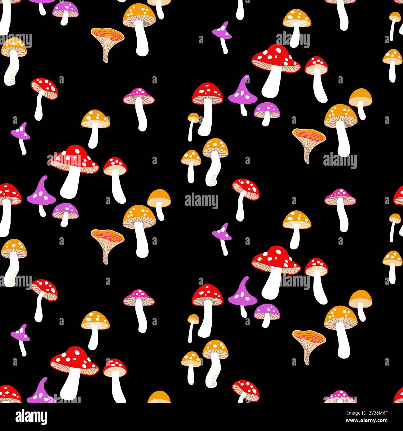 Half Drop Seamless Pattern of Mushrooms with Bright Hats in Red, White ...