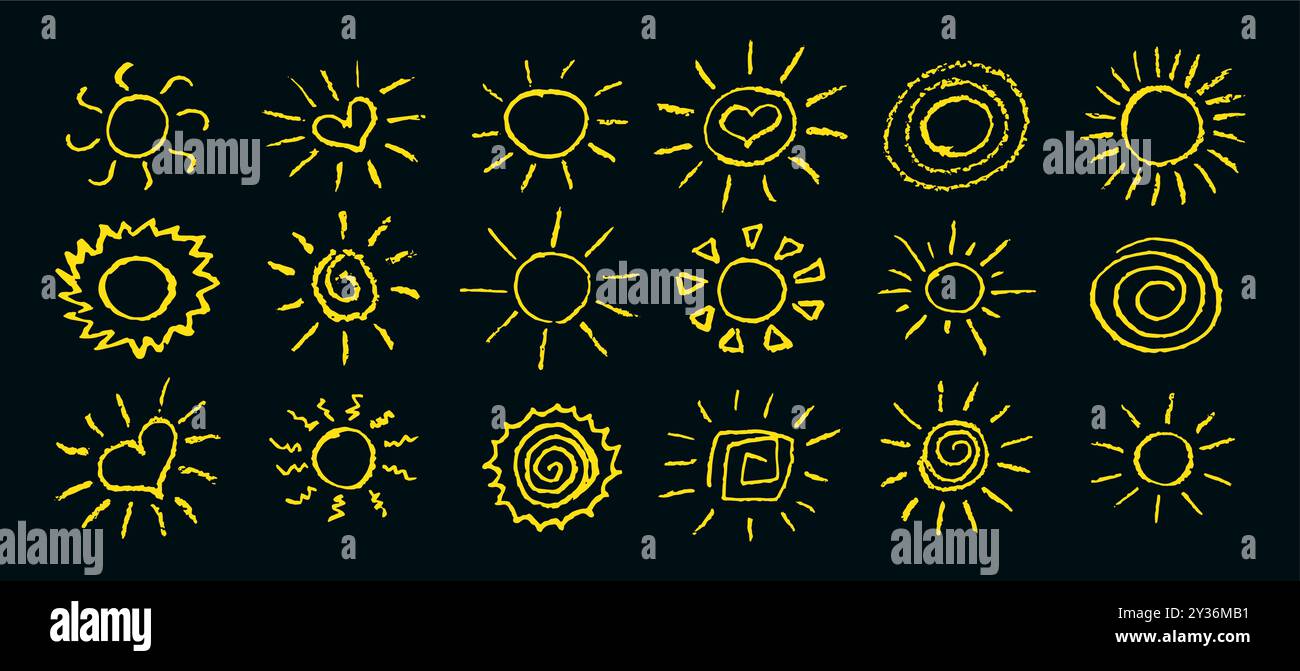 Set of fun like kid drawing yellow sun. Collection painted with pastel ...