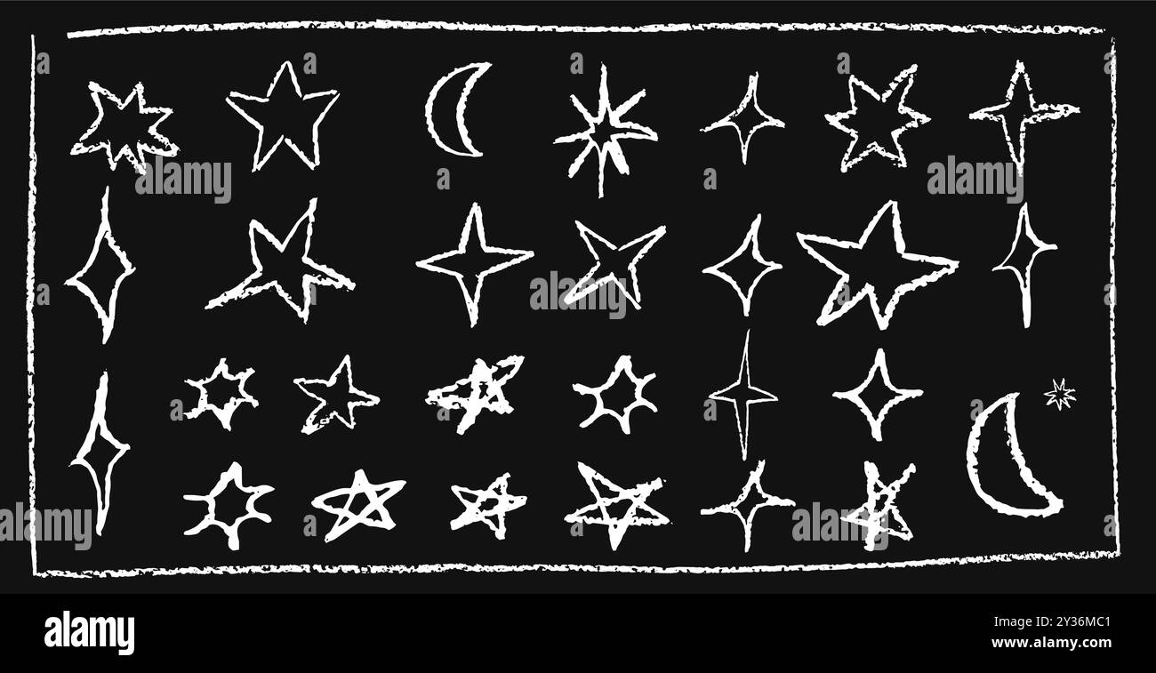 Set of fun like kid drawing white stars and crescent. Collection of wax ...