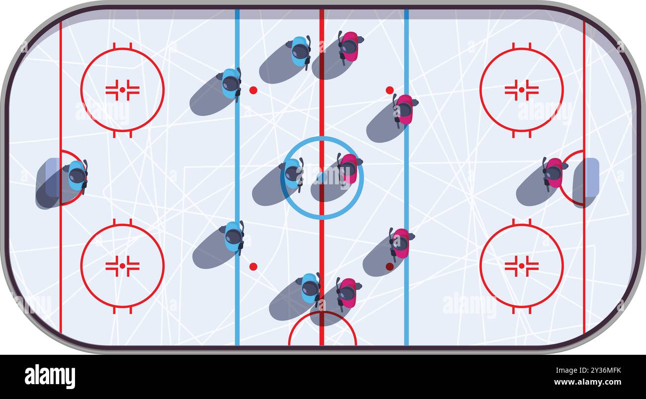 Hockey players competing during ice hockey match on ice rink top view ...