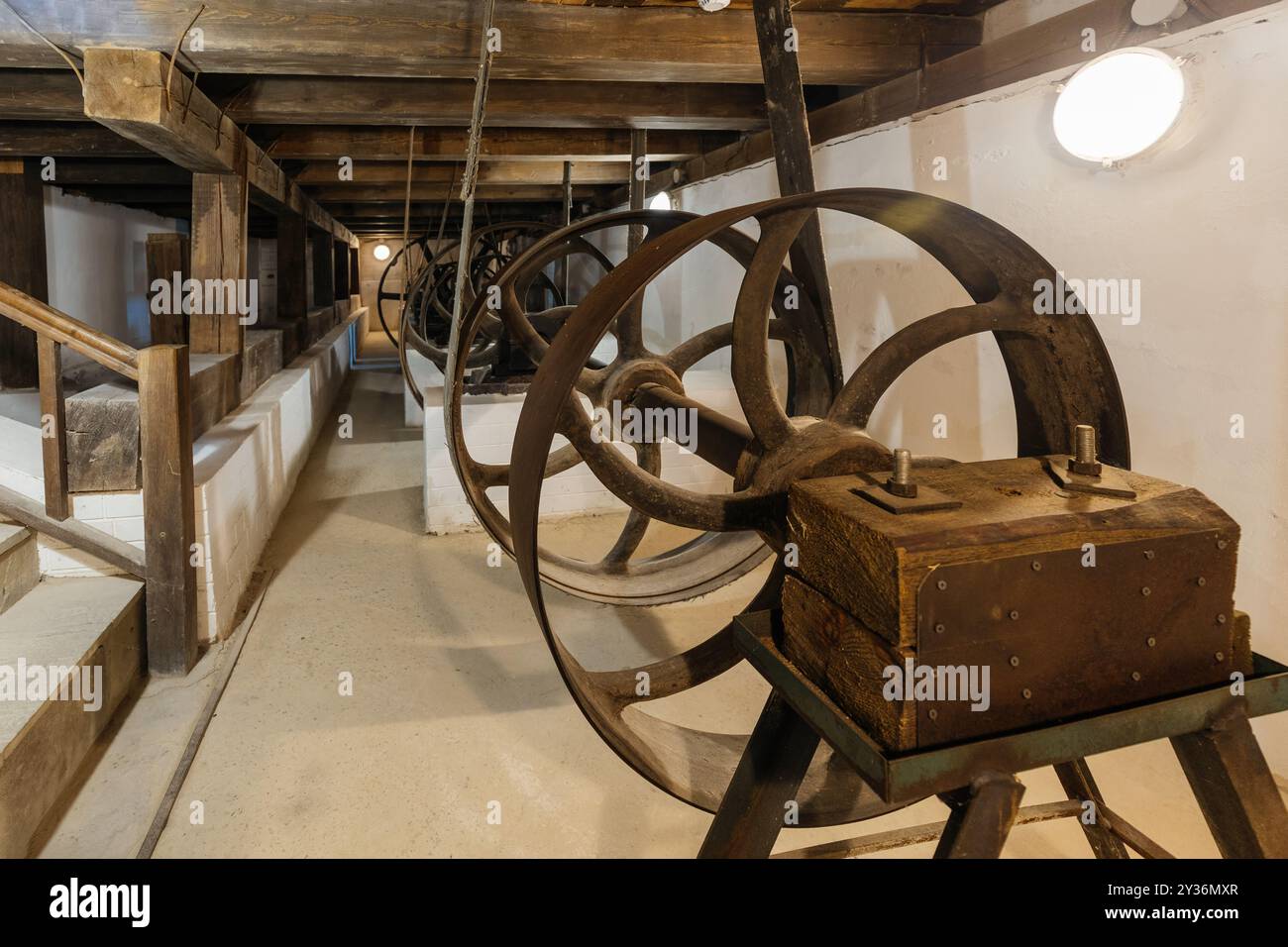 Old mechanism in mill. Pulleys with drive belt Stock Photo - Alamy