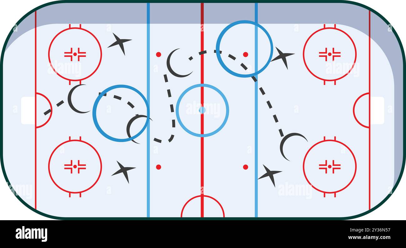Hockey game strategy being drawn on a rink, showing the movement of the ...