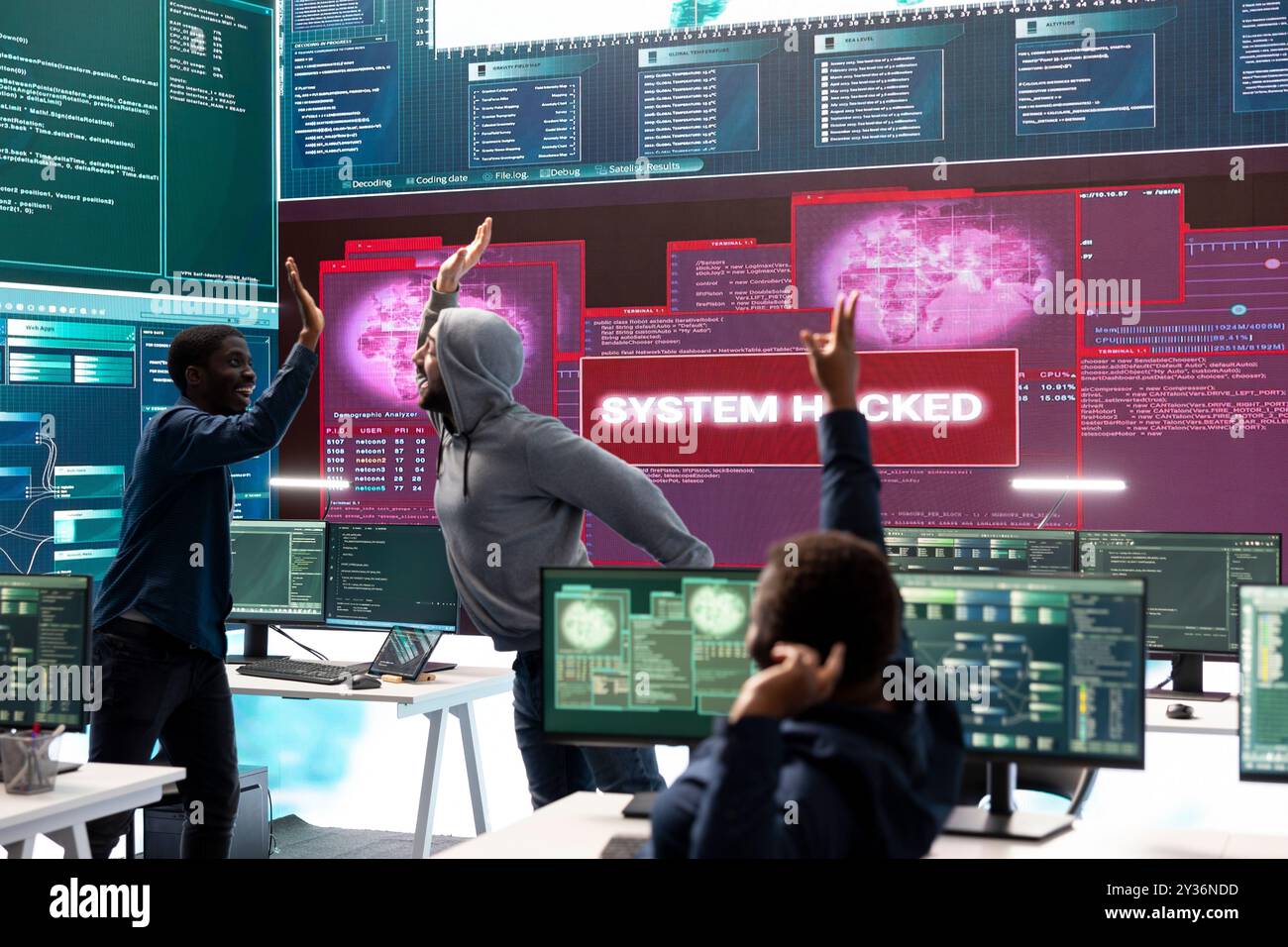 Happy cheerful hackers team gaining access inside network systems ...