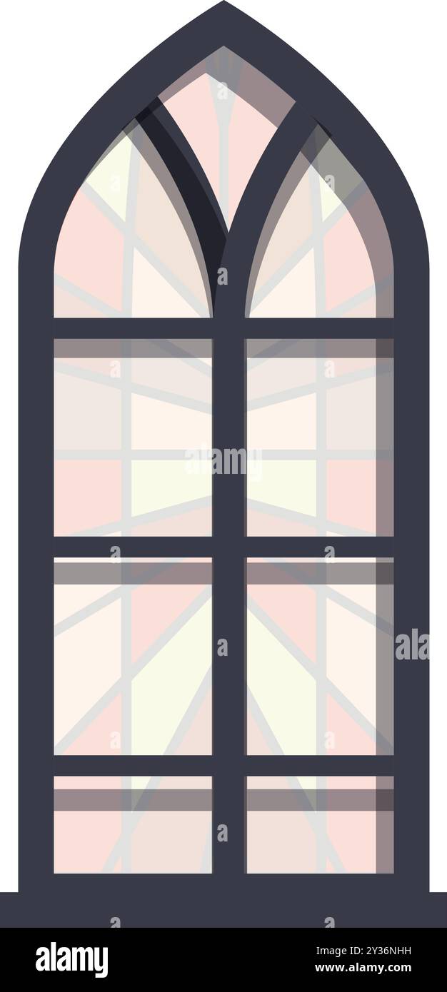 Tall arched church window with a stained glass design is letting light ...