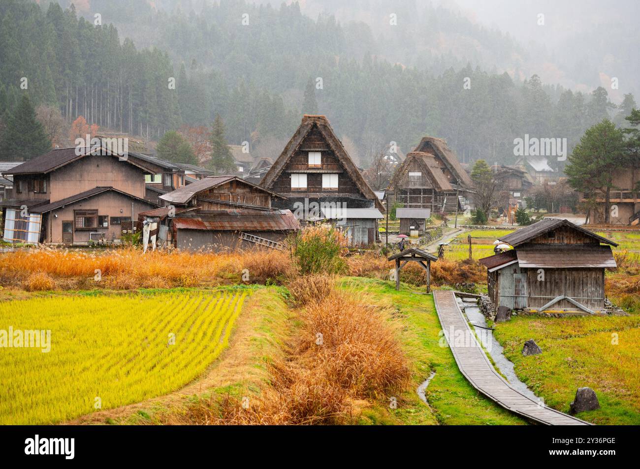 Scenic view of a rural Japanese village with traditional Gassho-style ...