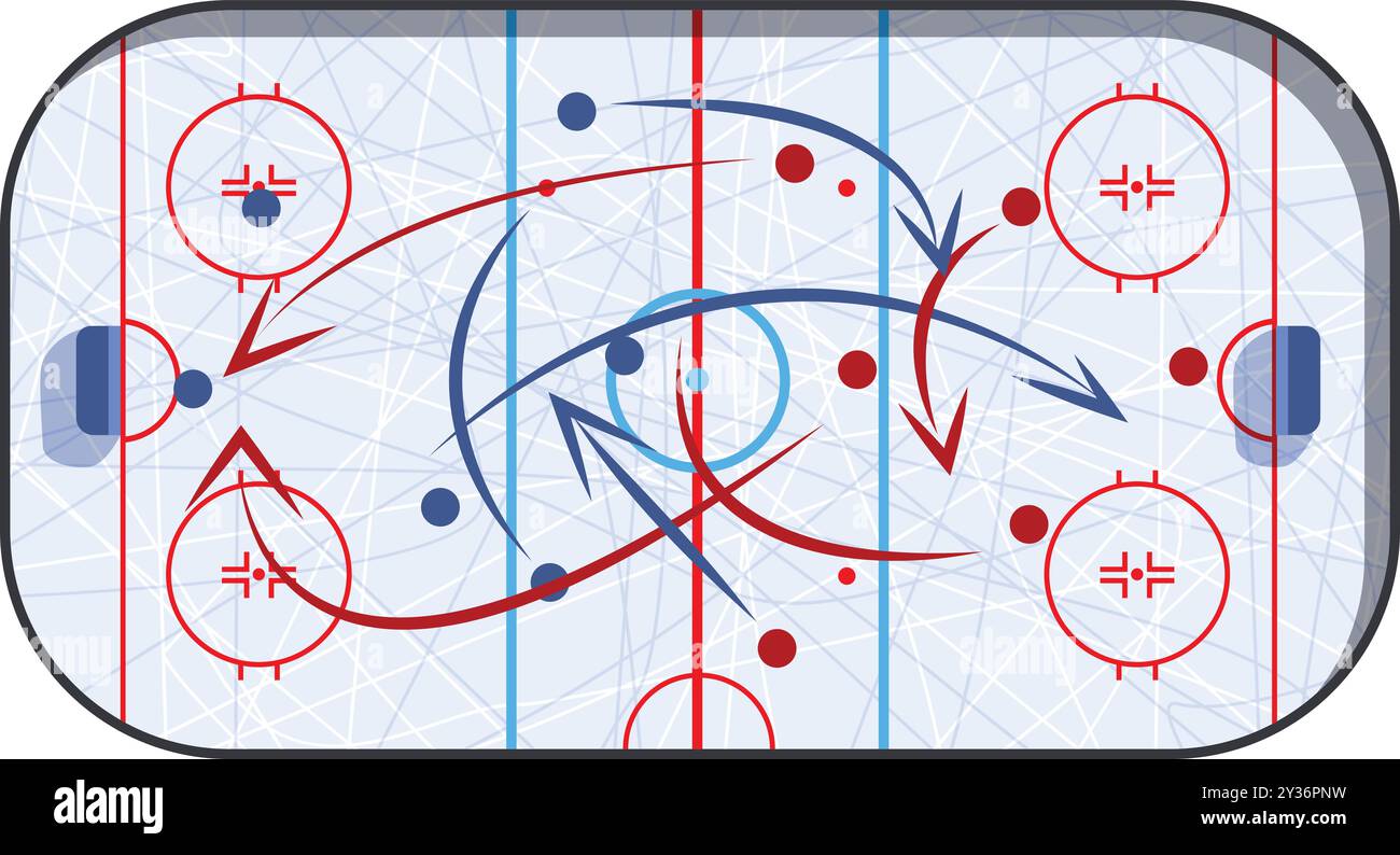 Hockey game strategy being drawn on a rink showing the puck movement ...