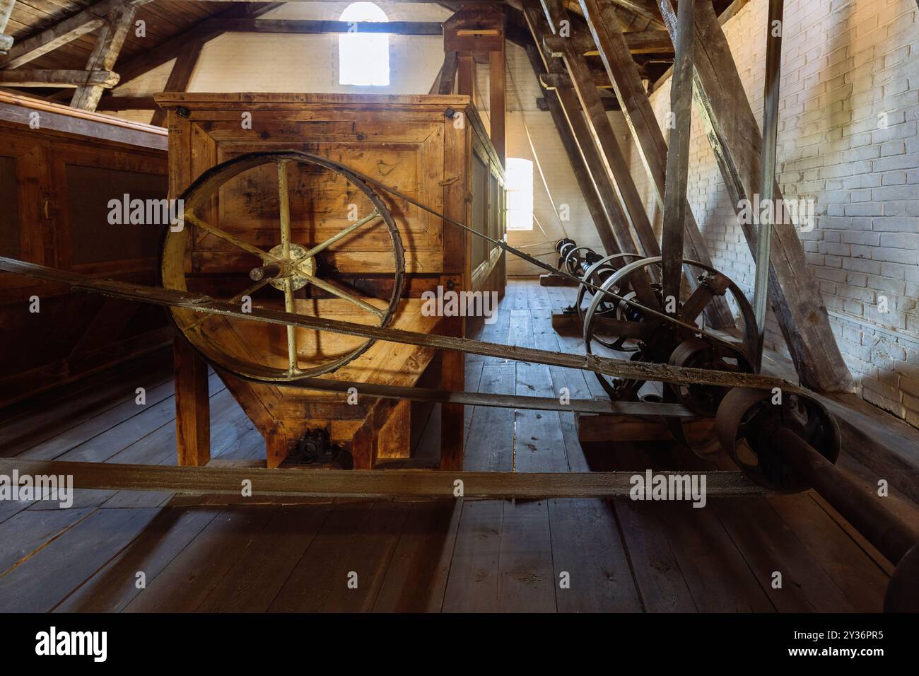 Old mechanism in mill. Pulleys with drive belt Stock Photo - Alamy