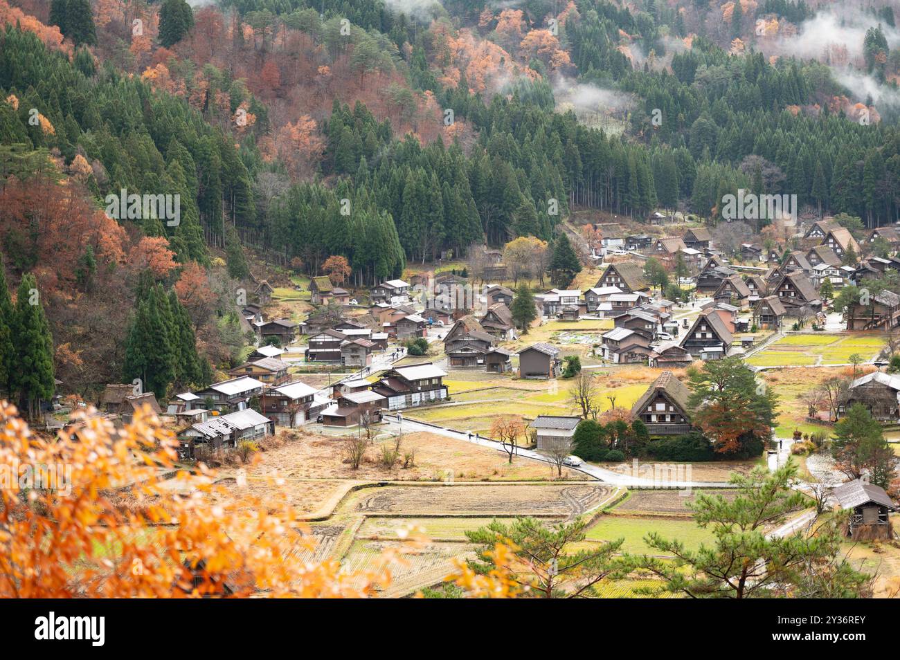 Elevated view of a traditional Japanese village with Gassho-style ...