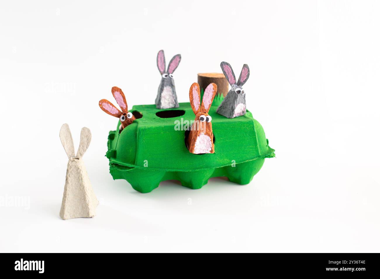 egg carton creativity, multiple rabbits on green painted carton ...
