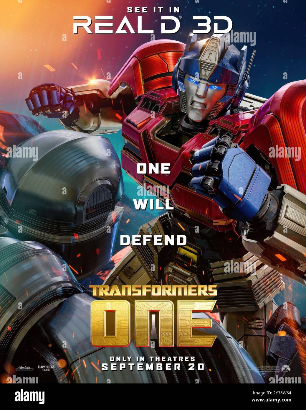 TRANSFORMERS ONE, RealD 3D poster, from left: Megatron (voice: Brian Tyree Henry), Optimus Prime ...