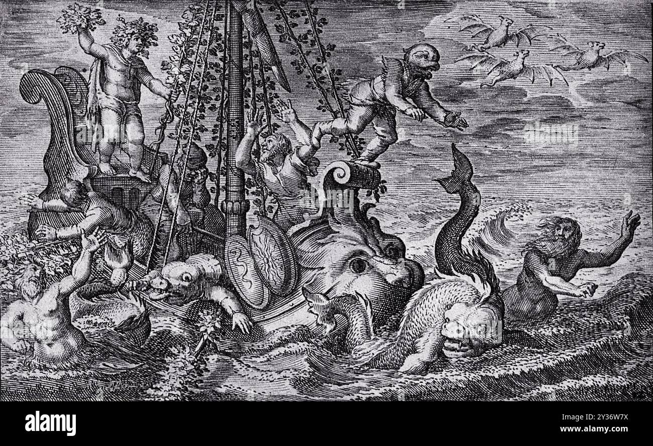 Sailors are metamorphosed into dolphins by Bacchus in a turbulent sea ...