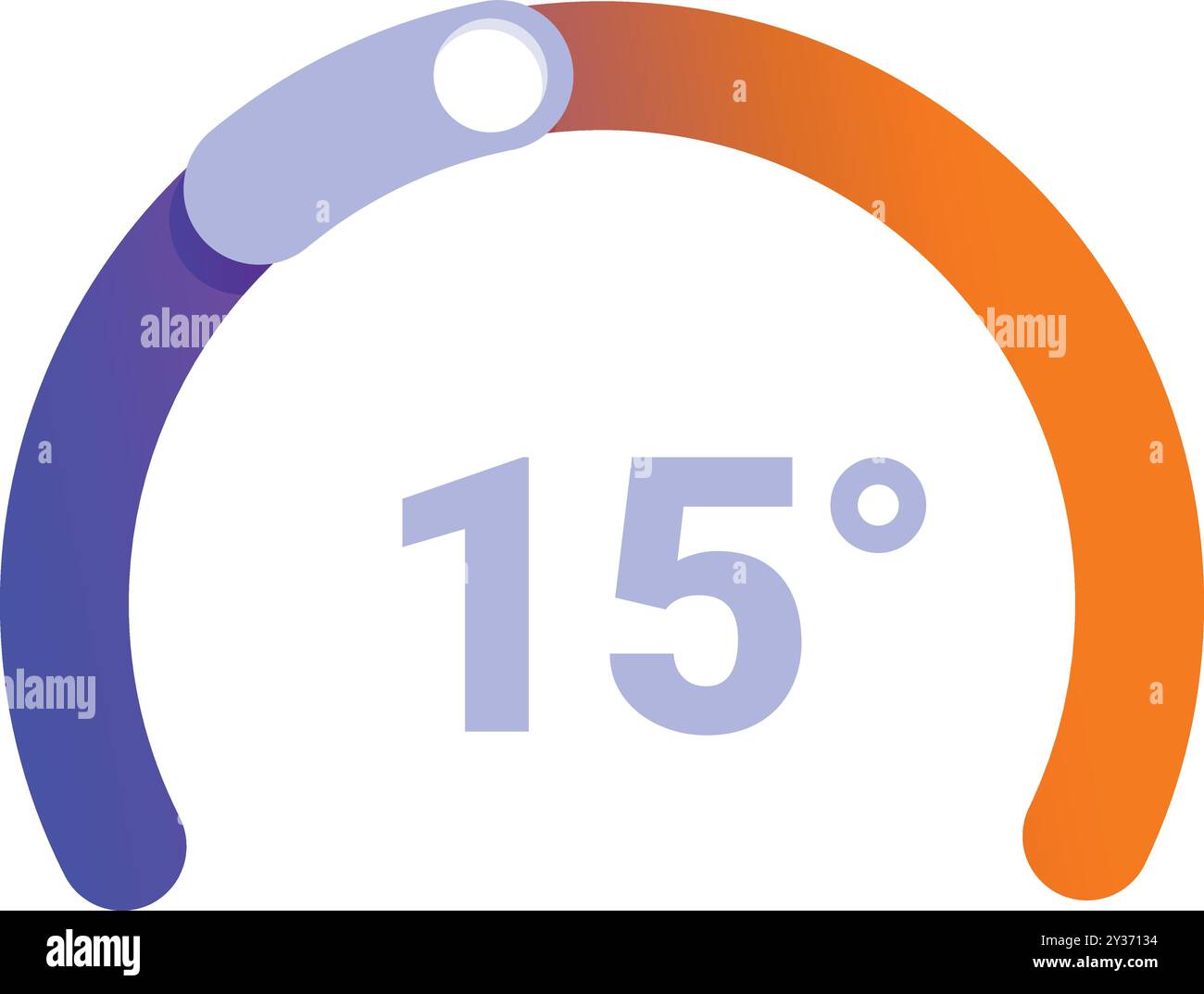 Circular temperature gauge with a blue and orange gradient is showing fifteen degrees Stock ...