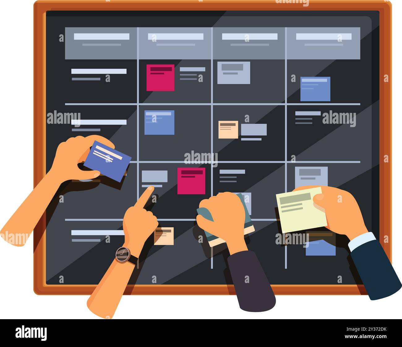 Hands of businesspeople using sticky notes on a kanban board, planning ...