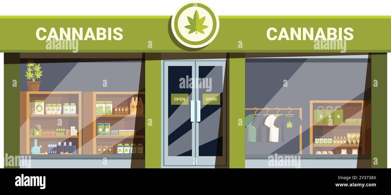 Cannabis store exterior with glass door and large windows, showing ...