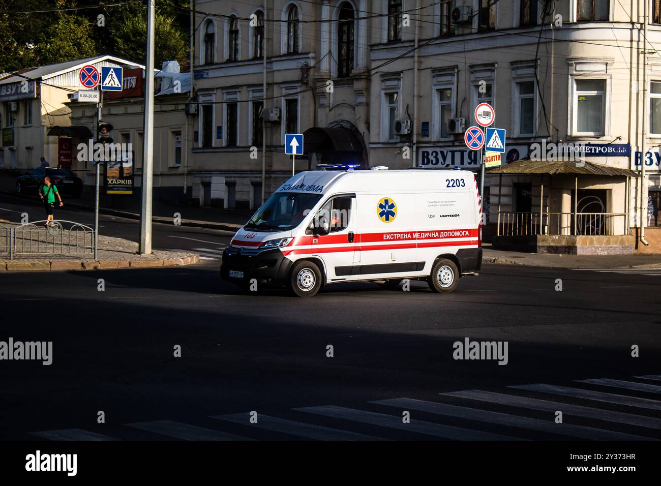 Kharkiv, Ukraine, September 12, 2024 Ambulance rolling downtown Kharkiv ...