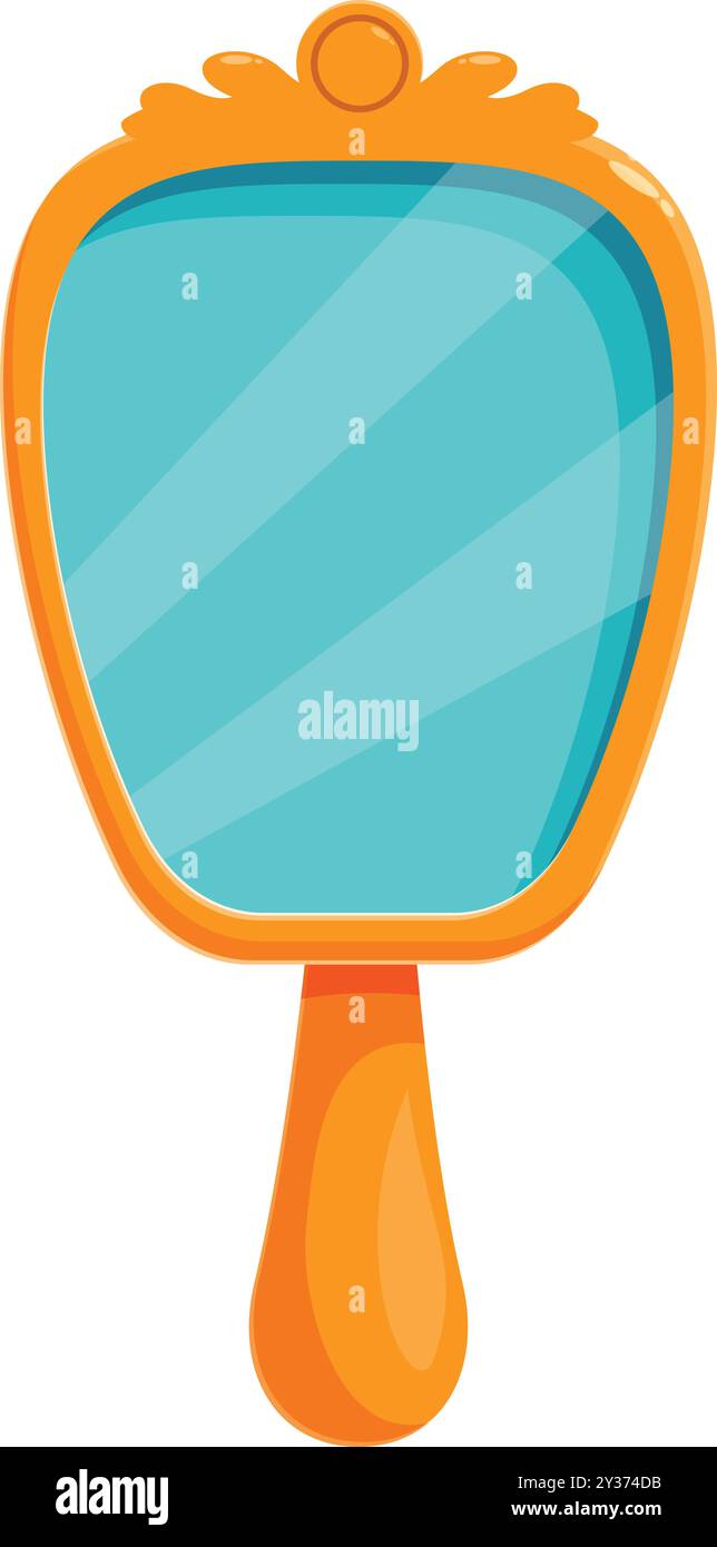 Cartoon style icon of an antique hand mirror reflecting light blue ...