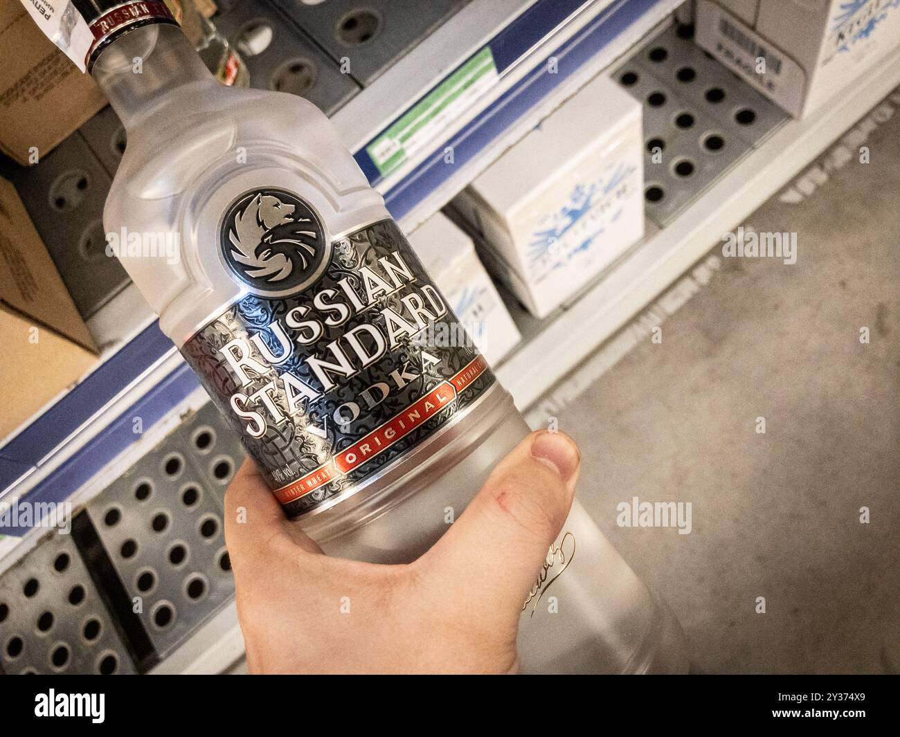 BELGRADE, SERBIA - JULY 23, 2024: Russian Standard Vodka logo on some ...