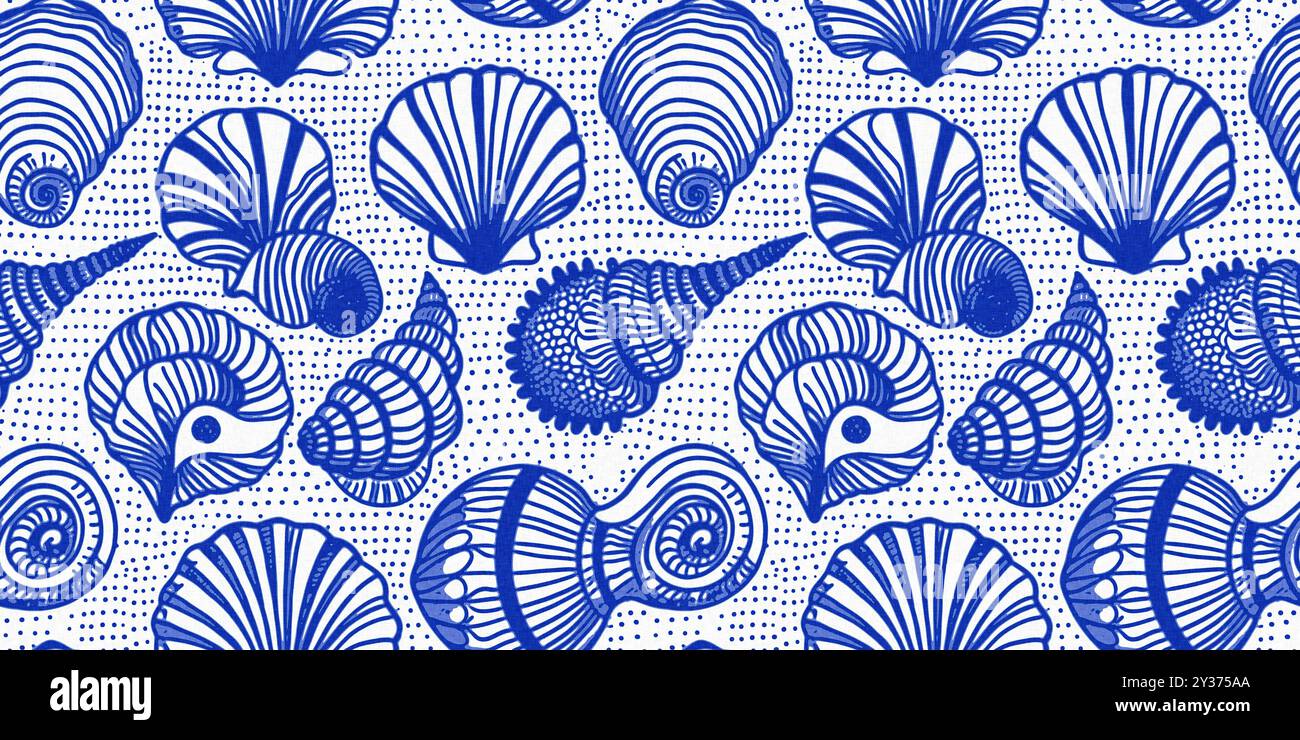 Azure blue white shell motif with linen seamless batik border ...